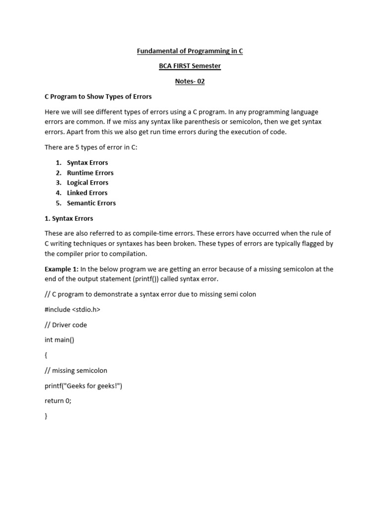 Fundamental of Programming in C Errors - 02 | PDF | Control Flow | Semantics