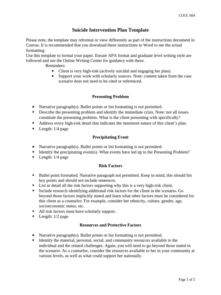 Suicide Intervention Plan Template | PDF | Anxiety | Goal