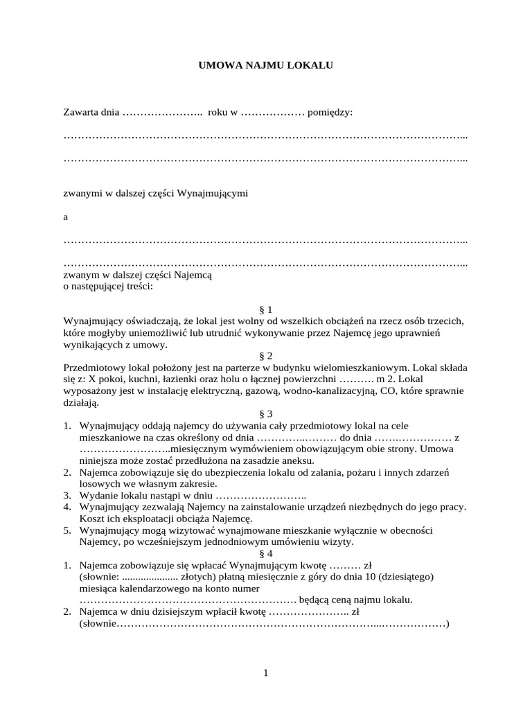 UMOWA NAJMU LOKALU - Wzór | PDF