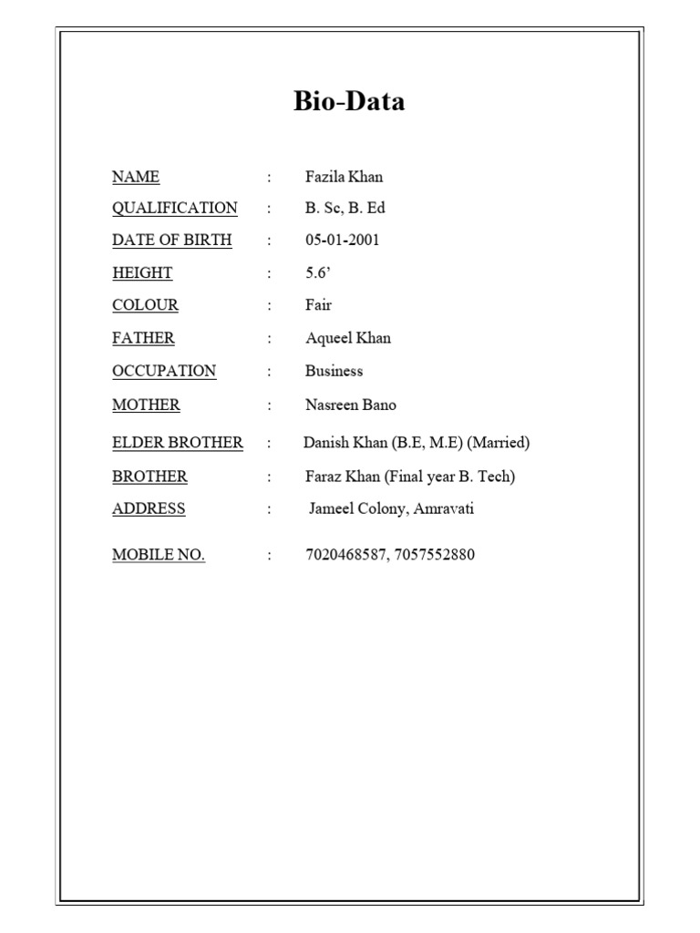 Fazila Khan's Bio-Data Summary | PDF