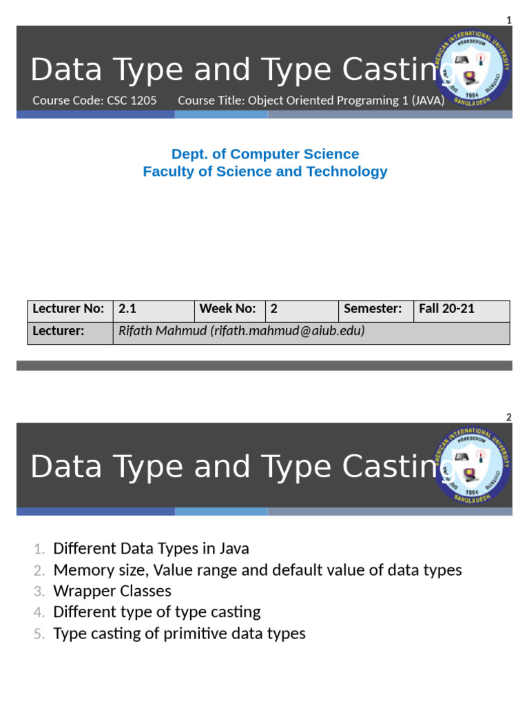 Lecture 2.1 - Data Type & Type Casting | PDF | Data Type | Integer (Computer Science)