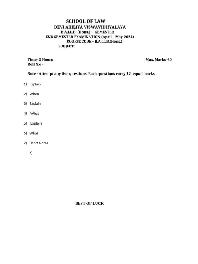 End Semester Exam Sample Question Paper | PDF