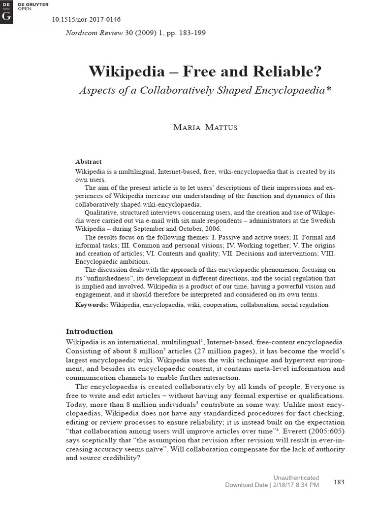 Wikipedia - Free and Reliable | PDF | Wikipedia | Wiki