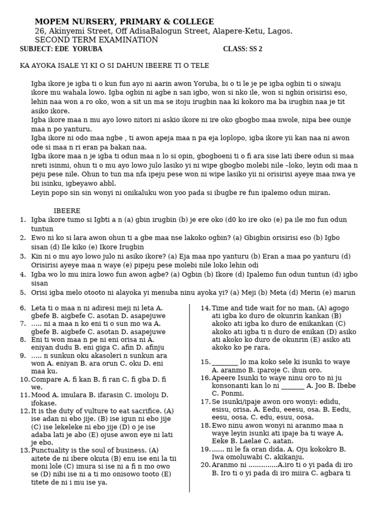 Yoruba SS 2 | PDF