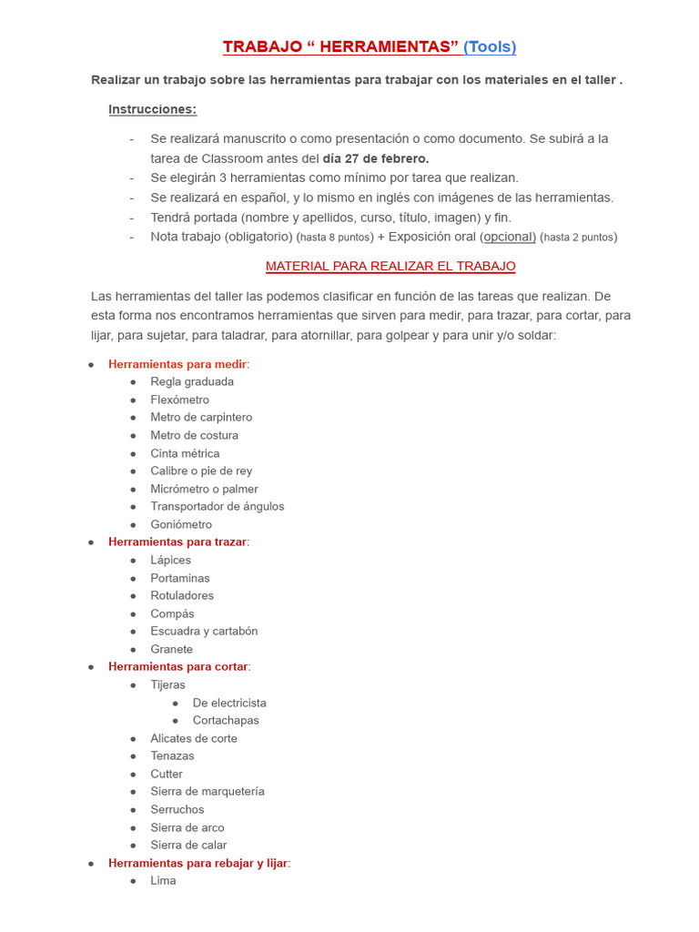 Trabajo Herramientas | PDF | Perforar | Herramientas