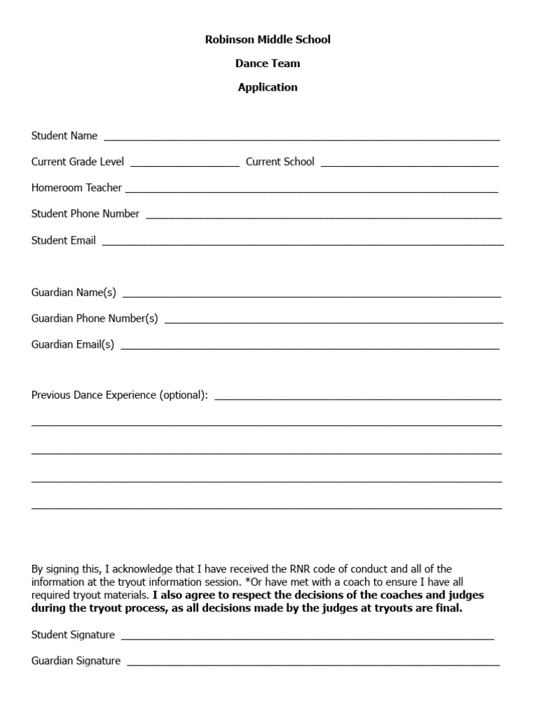 RNR Dance Team Application Form | PDF
