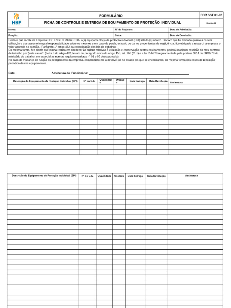 Ficha de Controle e Entrega de EPI Branco | PDF