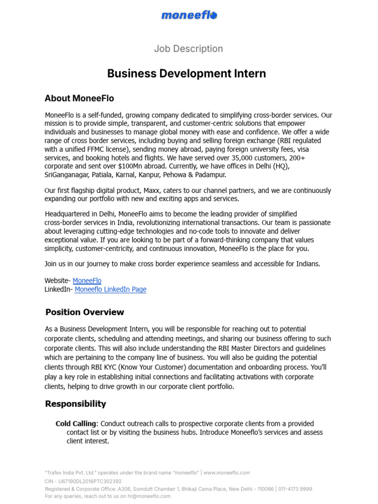Business Development Intern at MoneeFlo | PDF | Business