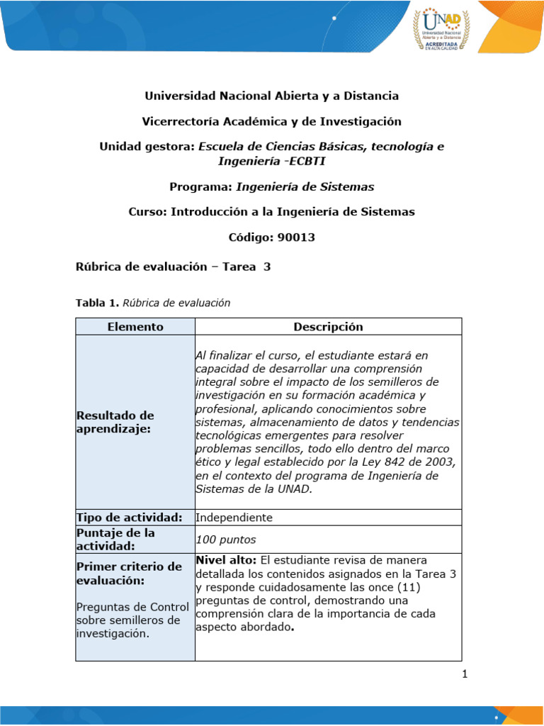 Rúbrica de Evaluación - Tarea 3 - Explora Los Semilleros de Investigación en La UNAD El Primer ...
