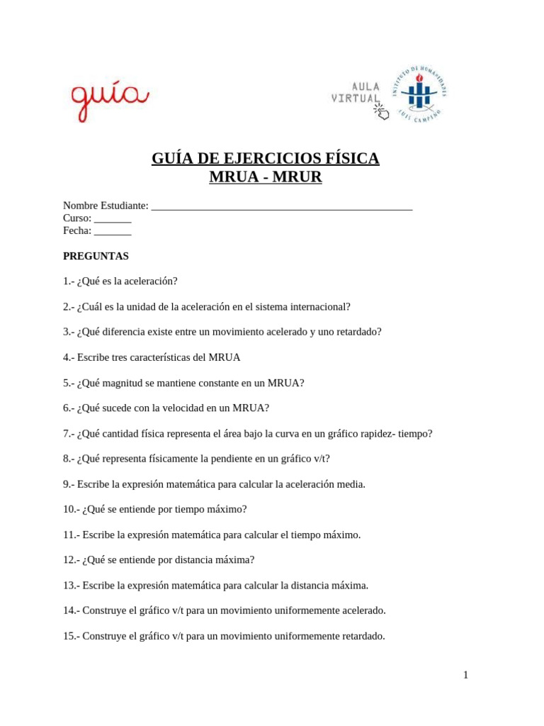 Guia Ejercicios MRUA y MRUR 3° A 2022 | PDF | Velocidad | Aceleración