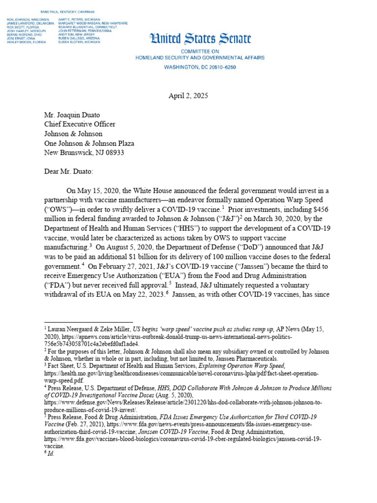 J&J Vaccine Review Request by Senate Subcommittee | PDF | Johnson ...