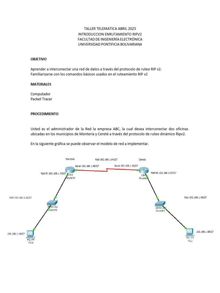 Taller de Enrutamiento RIP v2 2025 | PDF | Enrutador (Computación ...