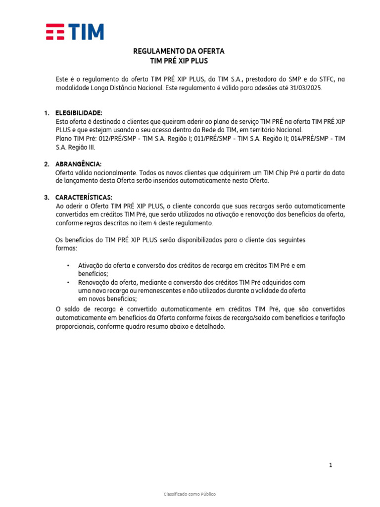 Regulamento TIM PRÉ XIP PLUS 2025 | PDF | Aplicativo para celular ...