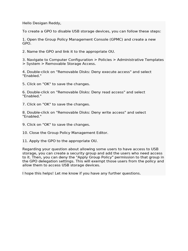 Disabling USB Drives With GPO | PDF