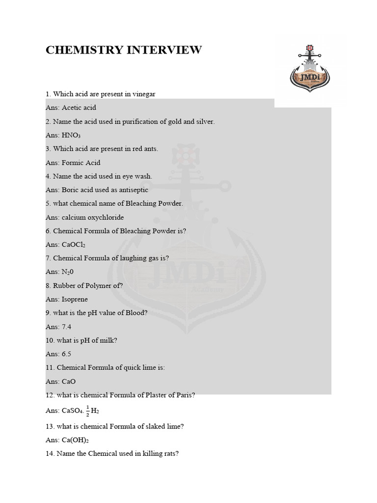 Chem Interview Ques | PDF | Chemical Elements | Calcium