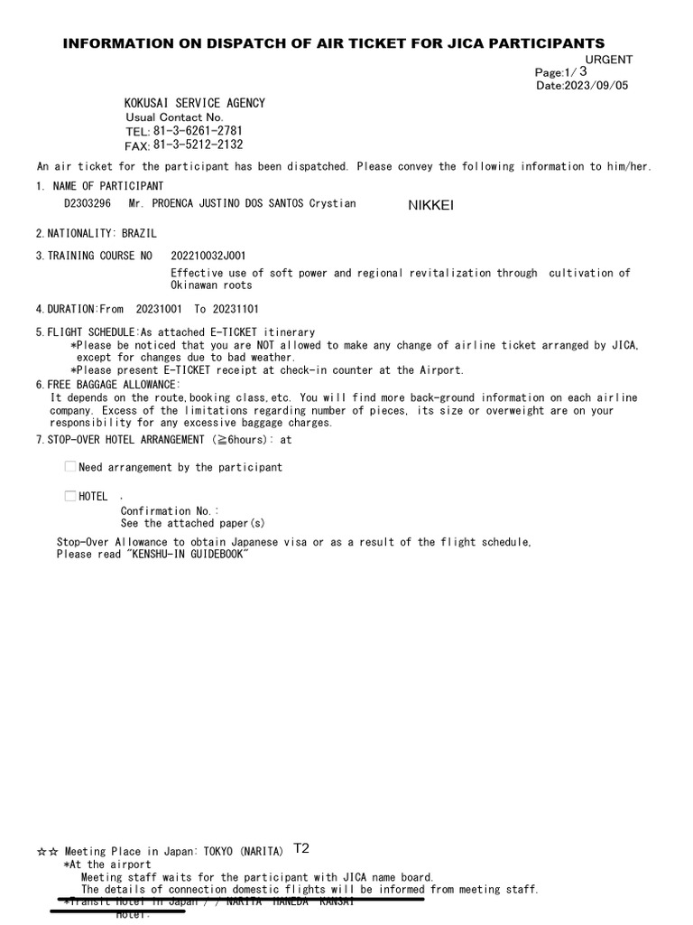 Air Ticket Dispatch for JICA Participant | PDF