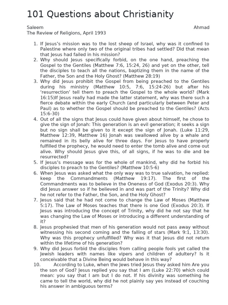 101 Questions on Jesus and Christianity | PDF | Jesus | Gospel Of Matthew