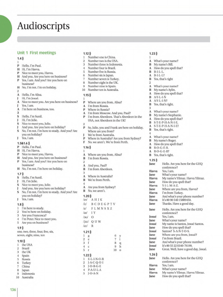 Audioscripts Unit 1first Meetings | PDF