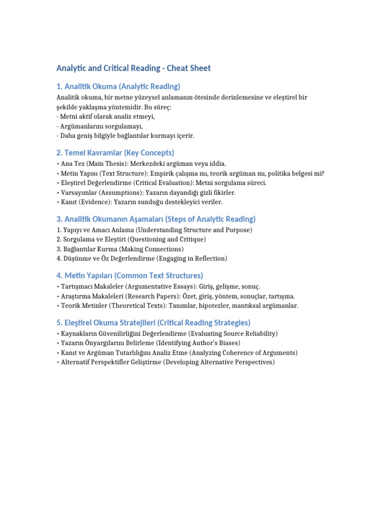 Wr1 Analytic and Critical Reading Cheat Sheet | PDF