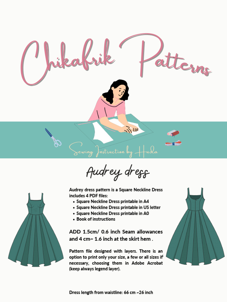 Audrey Square Neckline Dress Pattern | PDF | Seam (Sewing) | Sewing