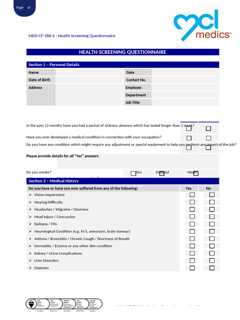 MED-CF-186-2 Health Screening Questionnaire | PDF | Dermatitis | Pain