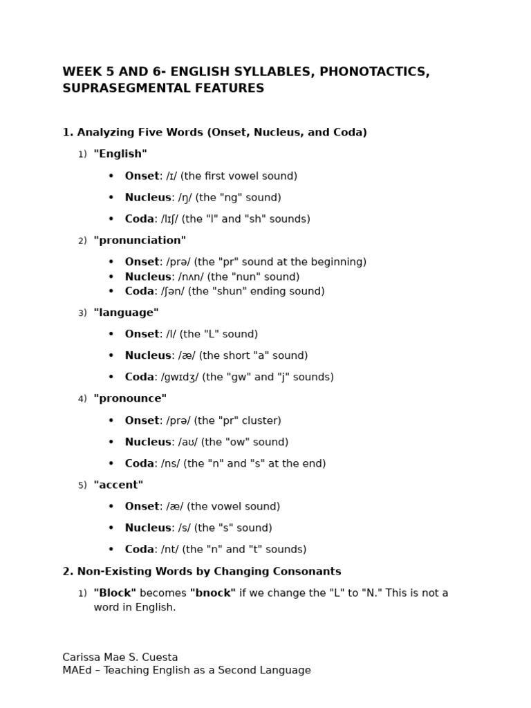 Week 5 and 6 - English Syllables, Phonotactics, Suprasegmental Features | PDF | Syllable ...