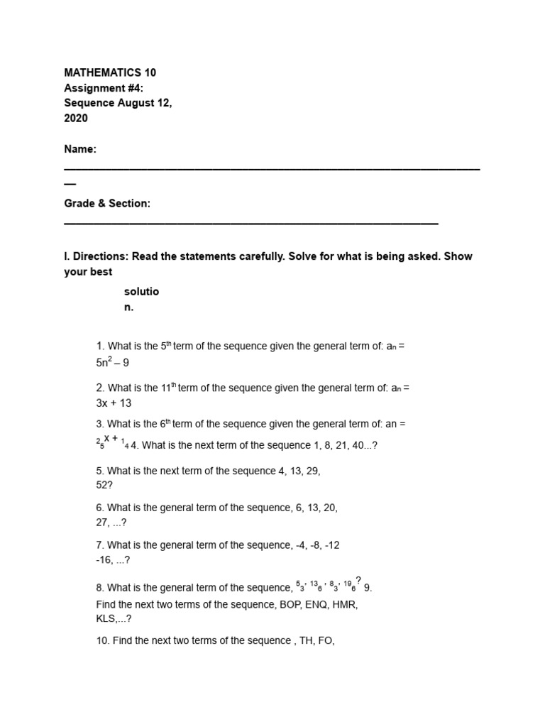 Mathematics 10 Assignment: Sequences | PDF