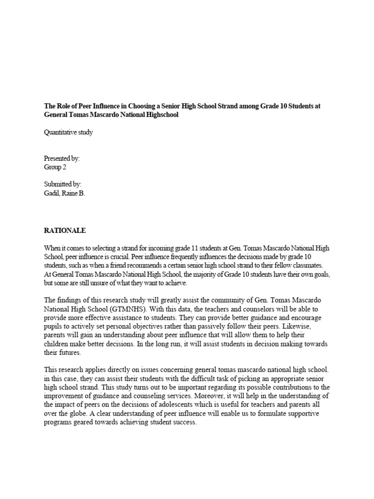 The Role of Peer Influence in Choosing A Senior Highschool Strand Among ...