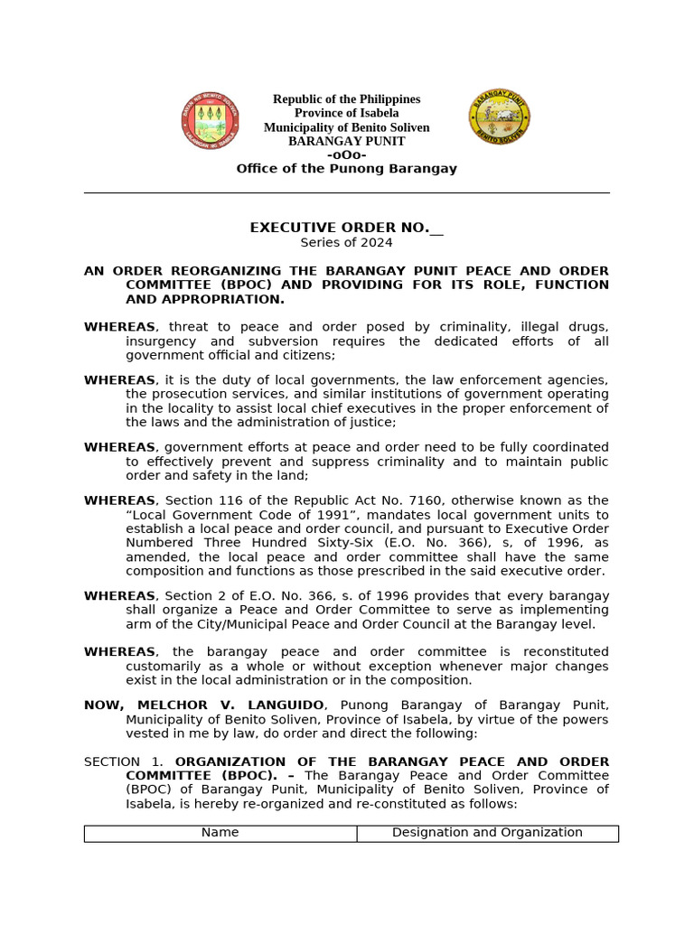 3.2.1 Executive Order Organizing BPOC | PDF | Executive Order | Governance