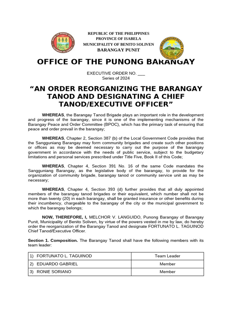 3.4.1 EO Re Organization of The Barangay Tanod | PDF | Smuggling | Fire ...