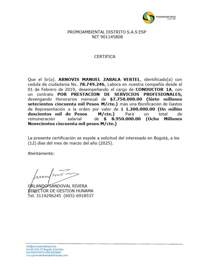 Certifica Laboral ARNOVIS MANUEL ZABALA VERTEL | PDF