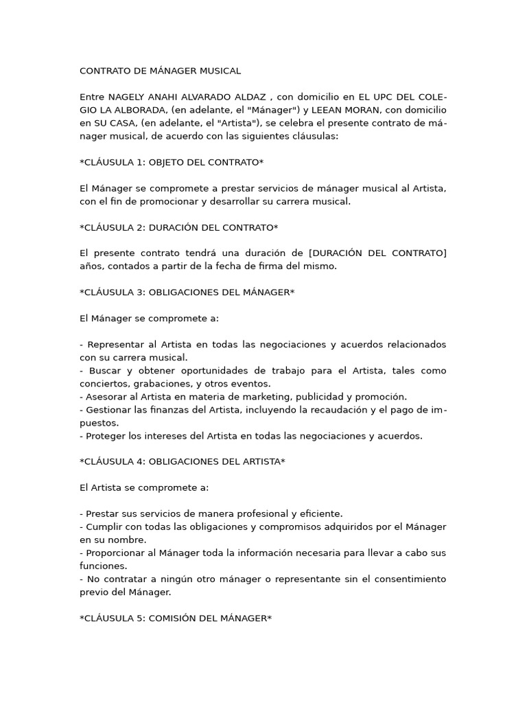 Contrato de Mánager Musical | PDF