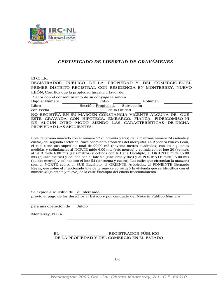 Certificado De Libertad De Gravamen Pdf