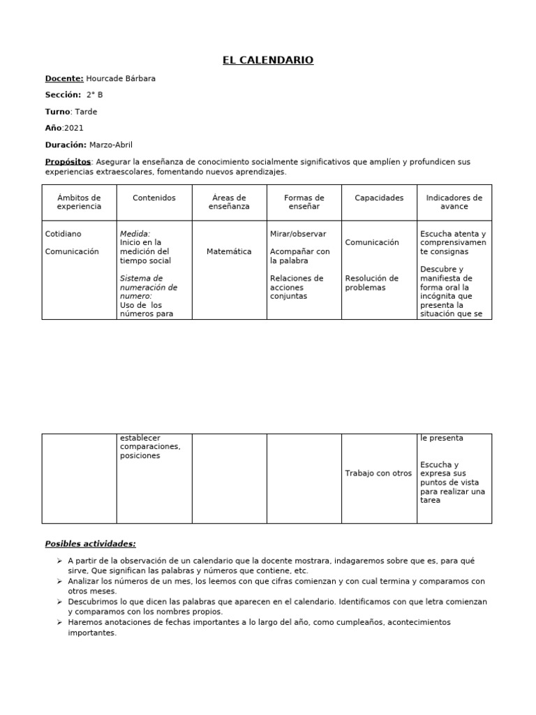 Calendar I o | PDF | Enseñando | Aprendizaje