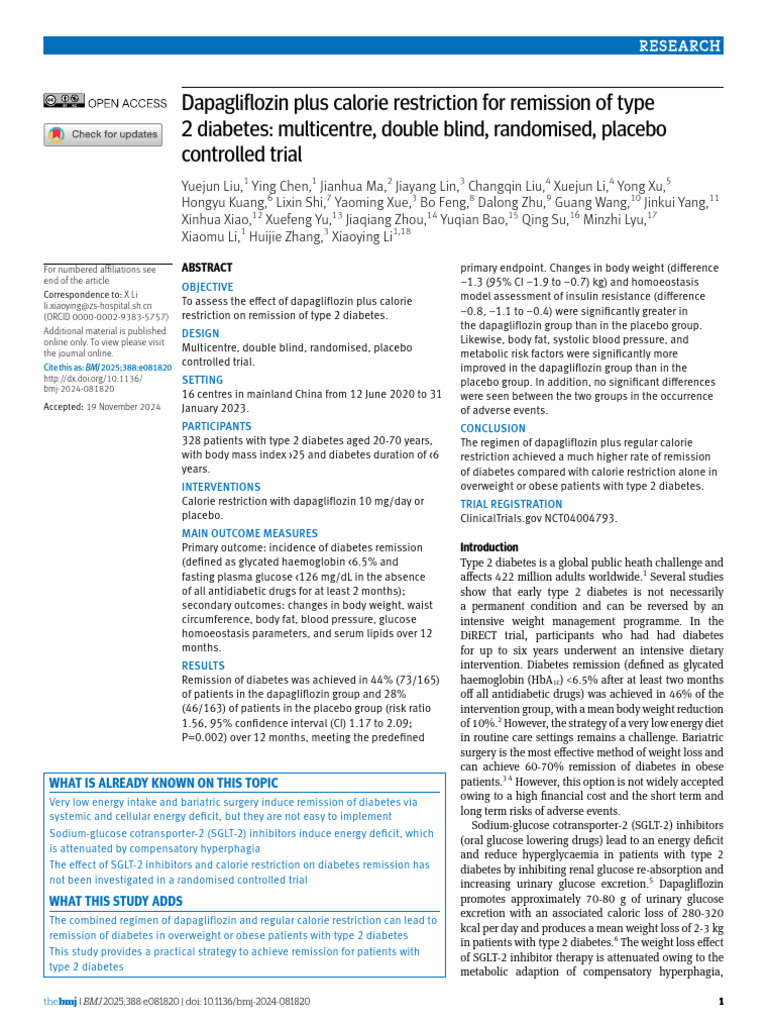 Yuejun Liu Dapagliflozin Plus Calorie Restriction For | PDF | Diabetes ...