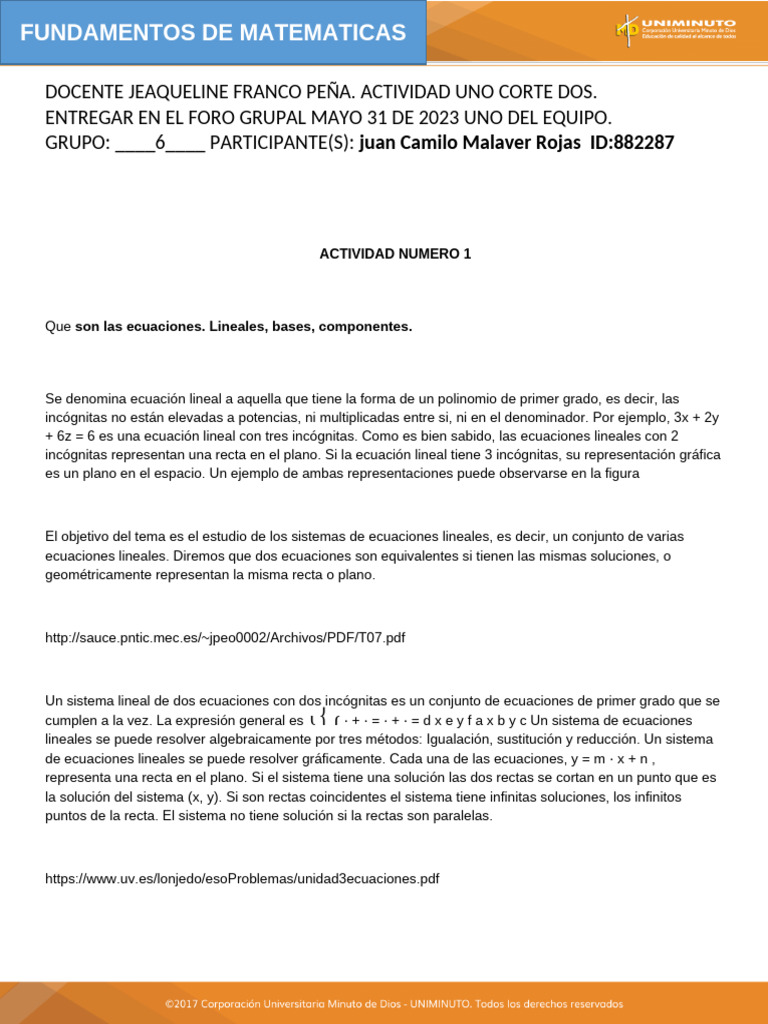 ACTIVIDA NUMERO 1 SEGUNDO CORTE | PDF | Ecuaciones | Linealidad