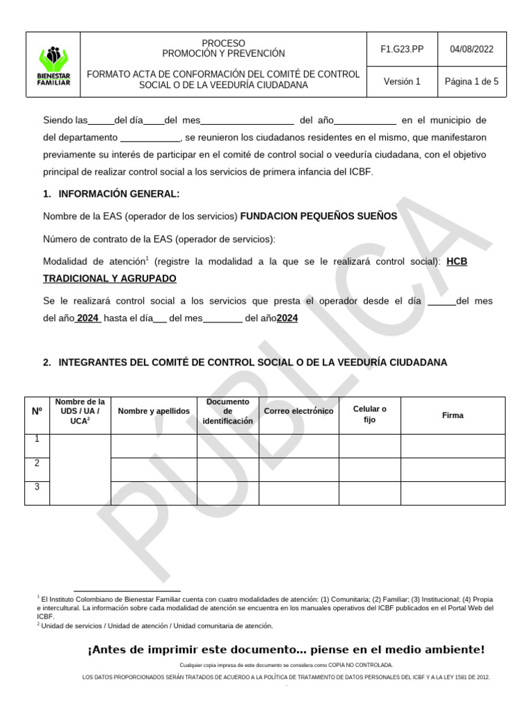 Acta Conformacion Comite de Control Social 2024 | PDF