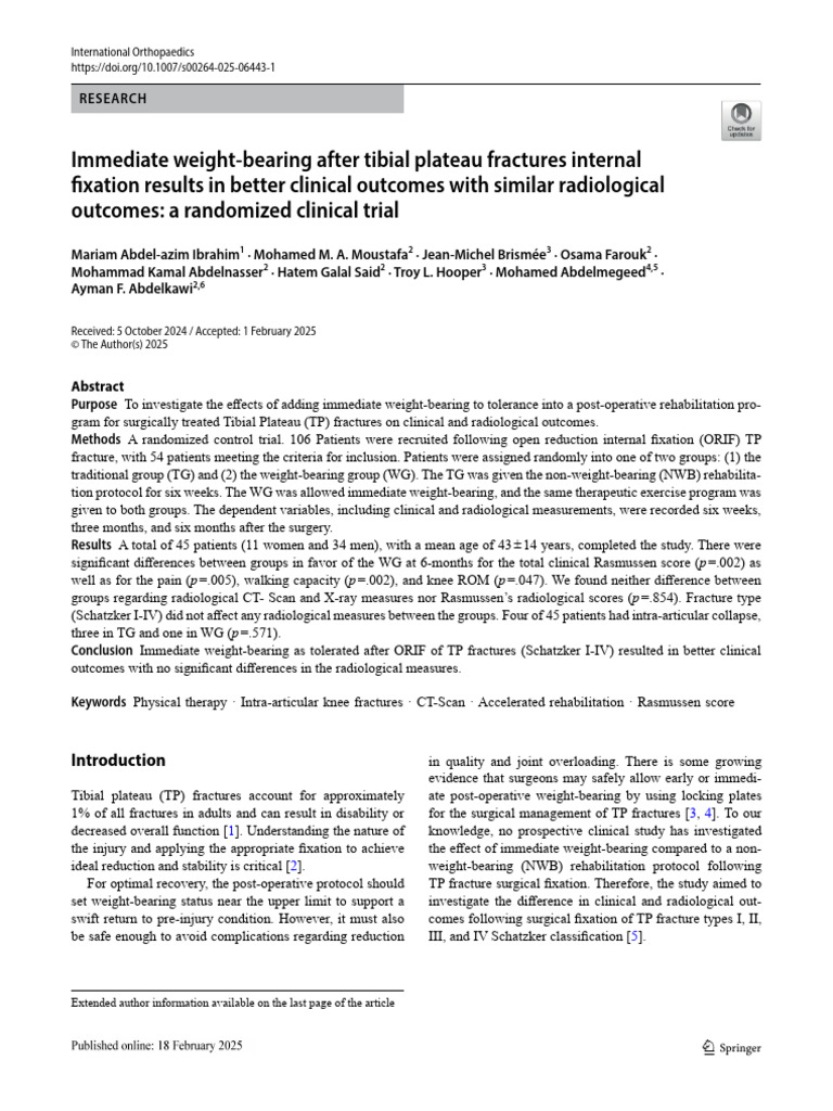 Immediate weight-bearing after tibial plateau fractures internal ...