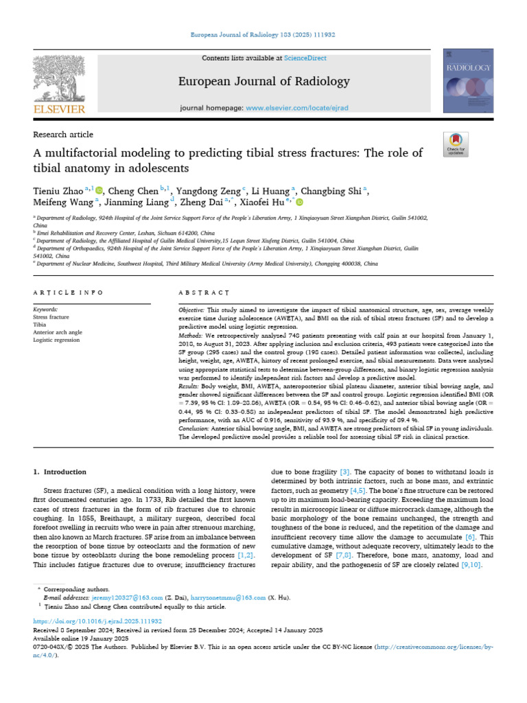 A multifactorial modeling to predicting tibial stress fractures- The role of tibial anatomy in ...