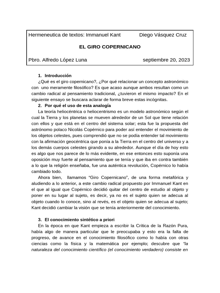 El Giro Copernicano | PDF | Immanuel Kant | Conocimiento