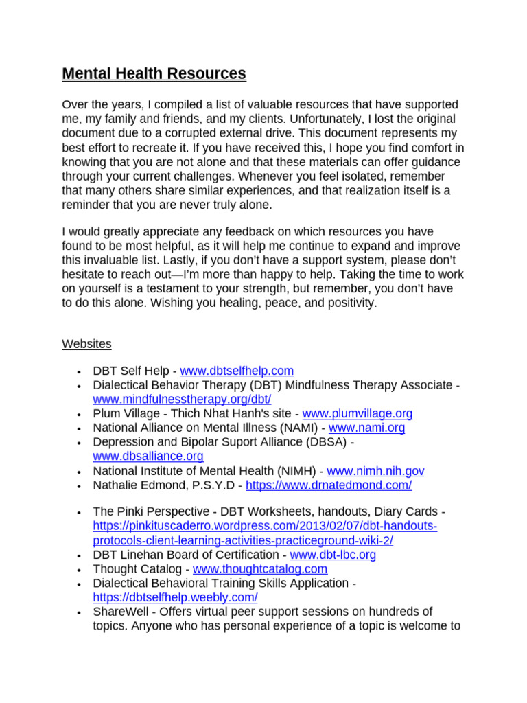 Mental Health Resources | PDF | Dialectical Behavior Therapy ...