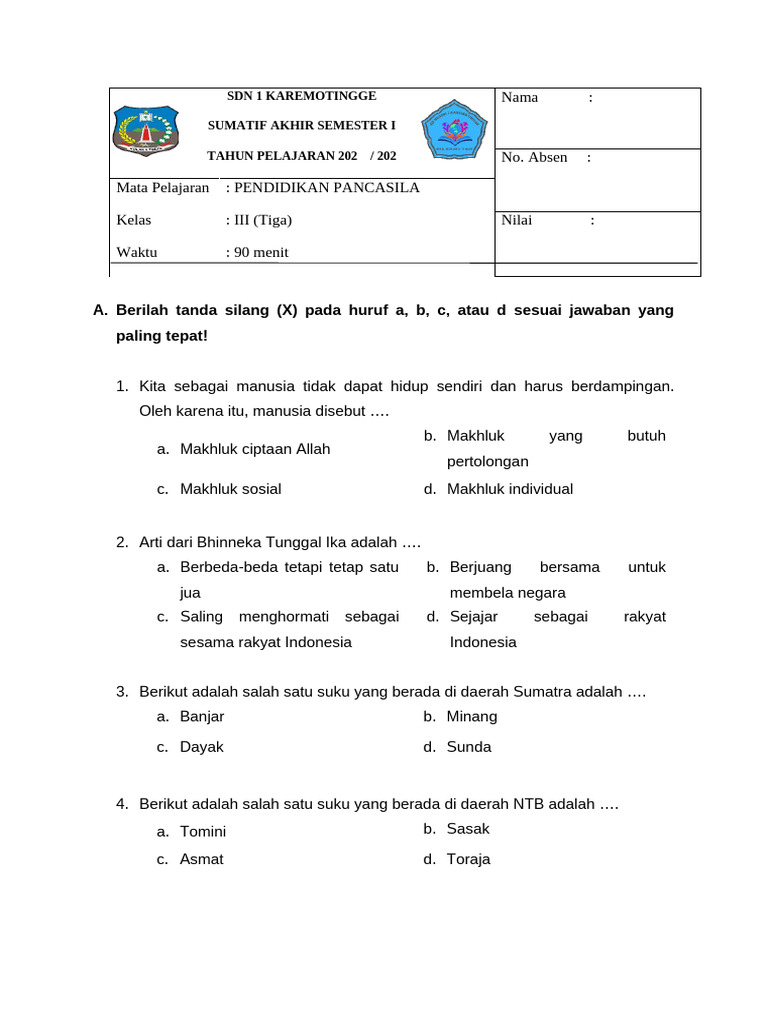 Soal Asas Ganjil Pend. Pancasila Kelas 3 | PDF
