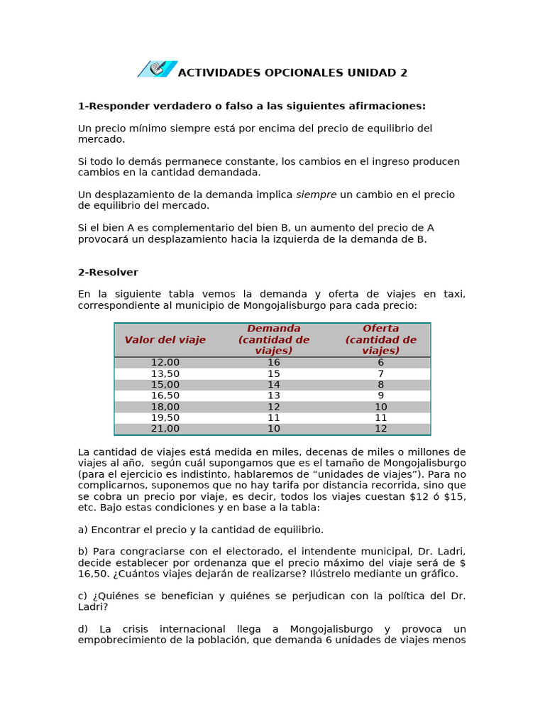 Actividades Opcionales U 2 | PDF | Oferta (economía) | Precios