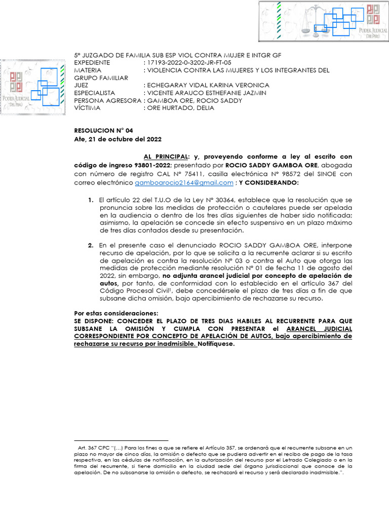 Exp. 17193-2022-0-3202-JR-FT-05 - Resolución - 68273-2022 Recurso de Apelacion Rocio | PDF ...