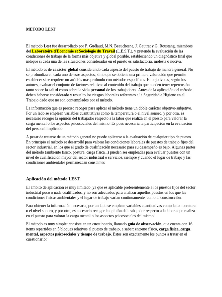 METODO LEST | PDF | Seguridad y salud ocupacional