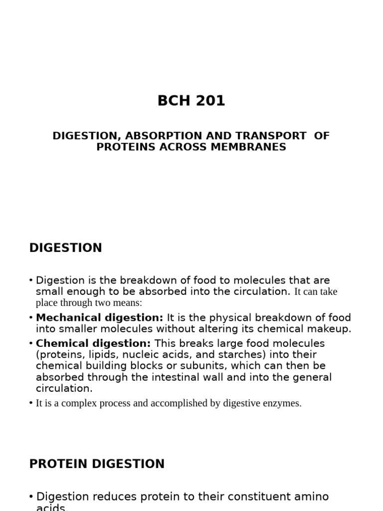BCH 201. Digestion, Absorption and Transport of Proteins | PDF | Digestion | Malnutrition