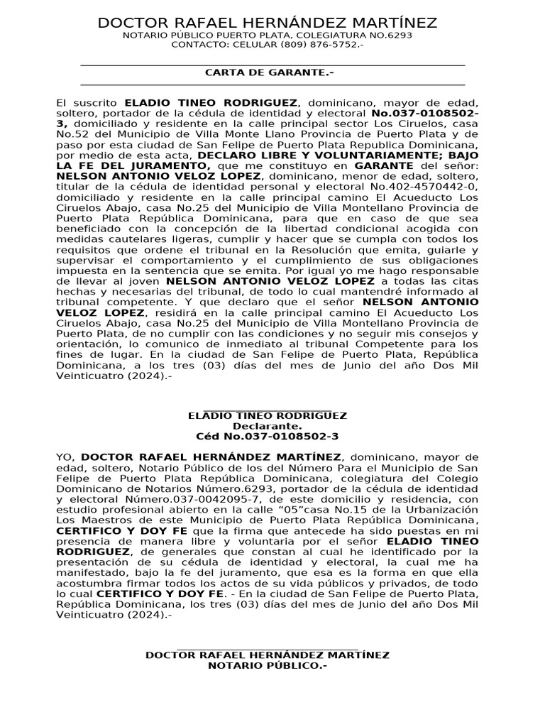 Carta de Garante de Nelson Veloz López | PDF | República Dominicana ...