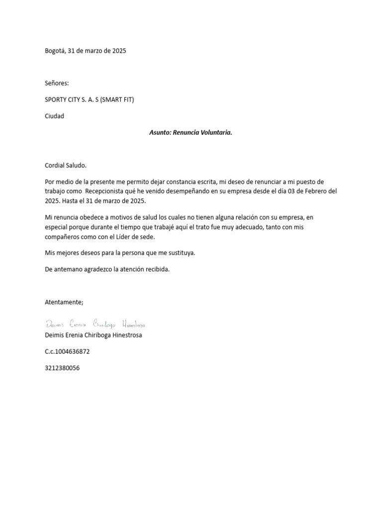 Carta de Renuncia Deimis Chiriboga Hinestrosa | PDF