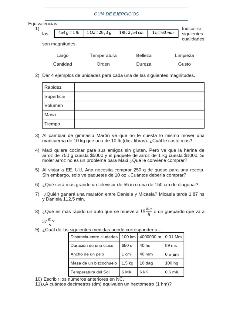 Joaco Islic - GUÍA DE EJERCICIOS Magnitudes y Unidades | PDF