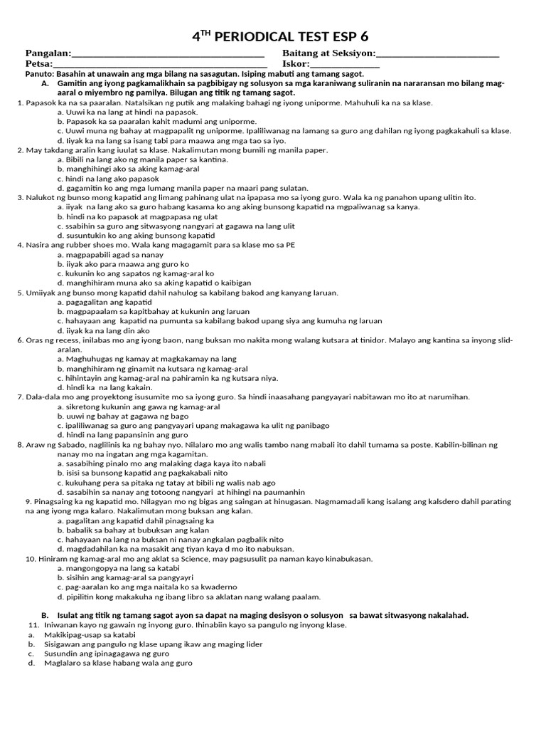 IKAAPAT MARKAHANG PAGSUSULIT SA ESP VI Tos | PDF